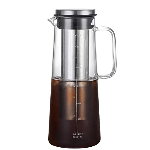 Cold Brew Coffee Maker with Lid and Handle 47oz / 1.4 Liter, Durable Glass Pitcher Carafe, Stainless Steel Mesh Filter Infuser, Dishwasher Safe, for Iced Coffee, Cold Brew, Juice, Tea & More