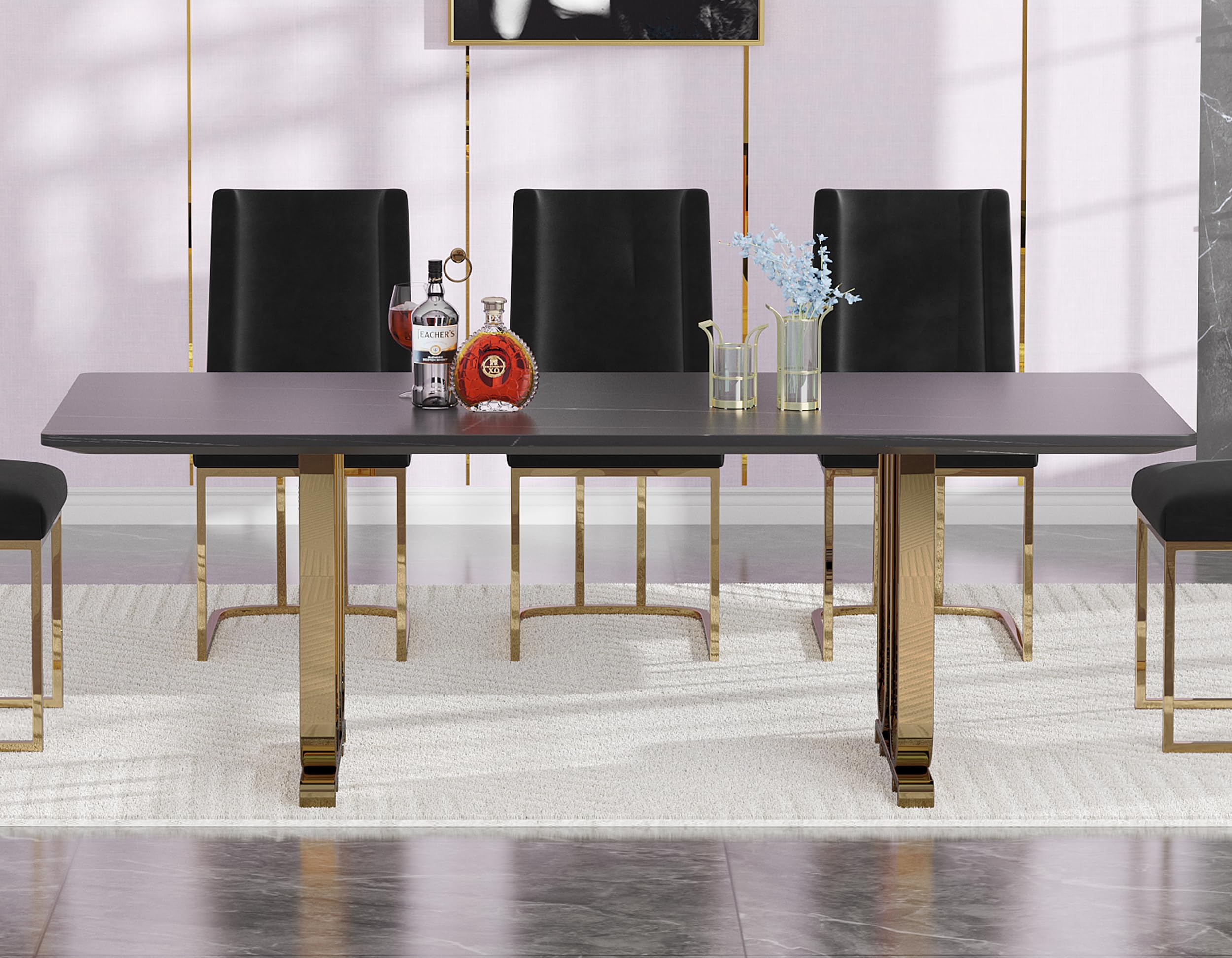71 Inch Modern Black Dining Table Kitchen Table with Brushed Brass Metal Legs, Lauren Gold&Black Top Wood Dining Room Table for 8, Rectangle Contemporary Dining Table for 6