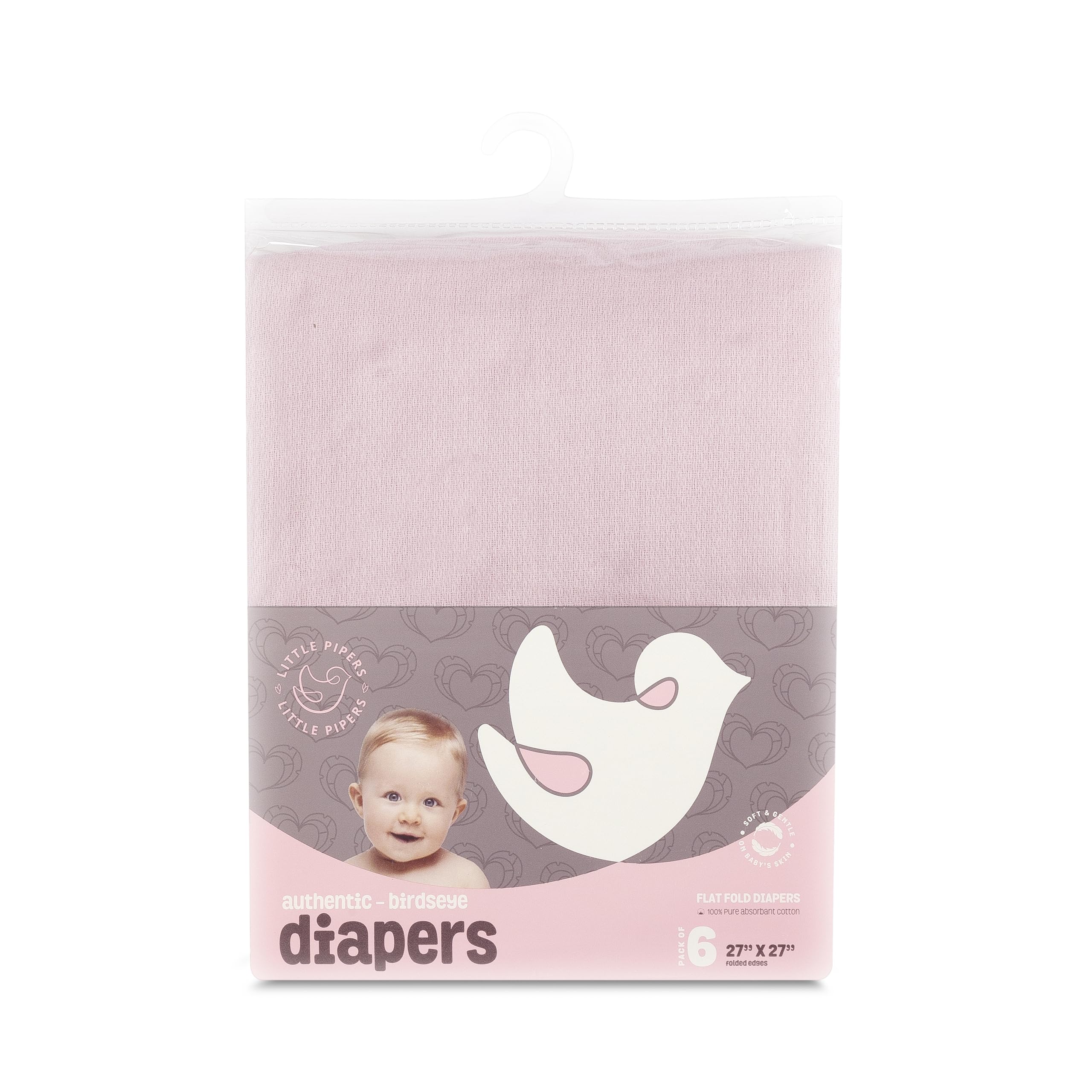 Little Pipers Deluxe 100% Natural Cotton Birdseye Cloth Diapers for Babies - Absorbent Cloth Diapers Burp Cloths - Pink - 6 Pack