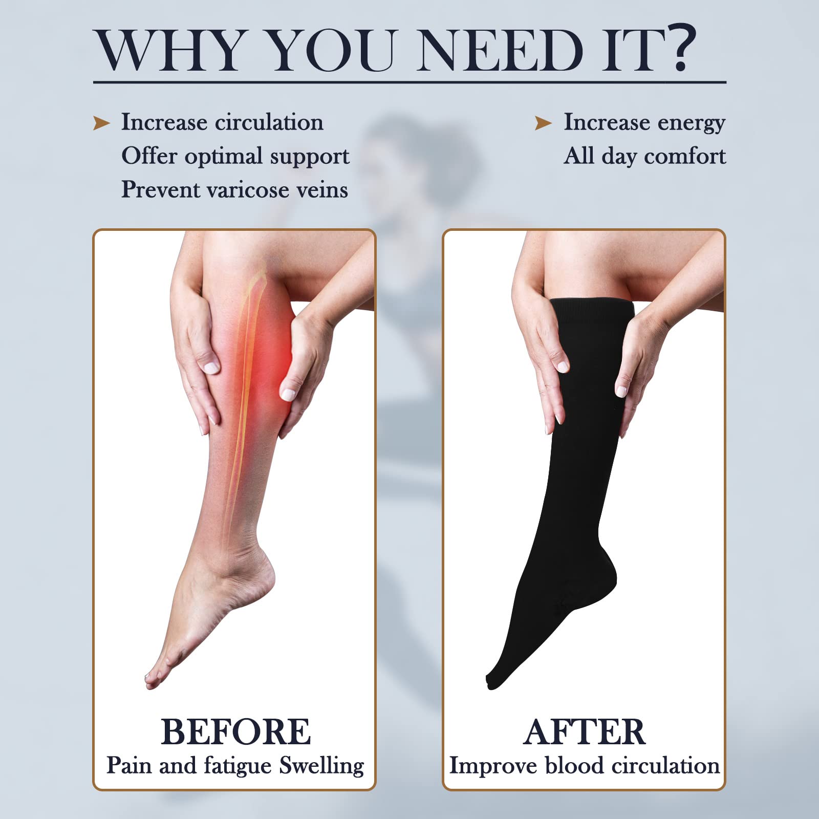 4 Pairs Compression Socks for Women & Men, Circulation 15-20 mmHg - Knee High Copper Compression Socks for Running, Cycling, Medical, Athletic Nurse, Best Support for Pain Relief (L/XL)