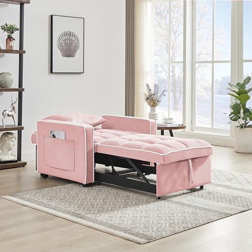 ACQCA Convertible Sleeper, 3-in-1 Multi-Functional Couch with Pull-Out Bed, Modern Chaise Lounge with Adjustable Backrest and Pillow for Apartment,Living Room,Bedroom, Pink-Sofa Chair