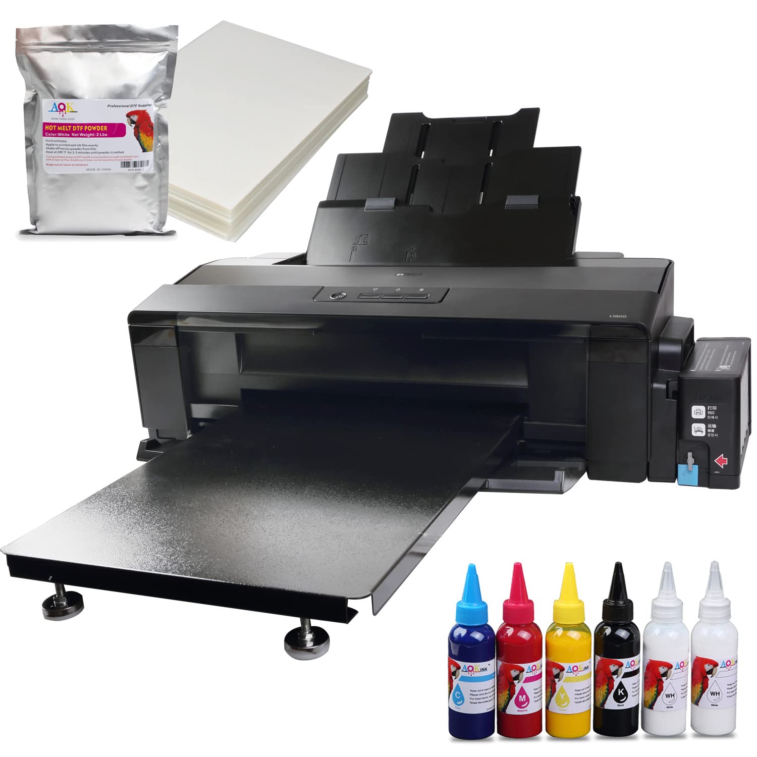 A3+ Printer Width 13inch DTF Printer Machine Direct Transfer Film L1800 Converted for DIY Print T-Shirts/Hoodie/BGS/Pillow etc. (6X 100ml Ink+100pcs PET Film+Powder