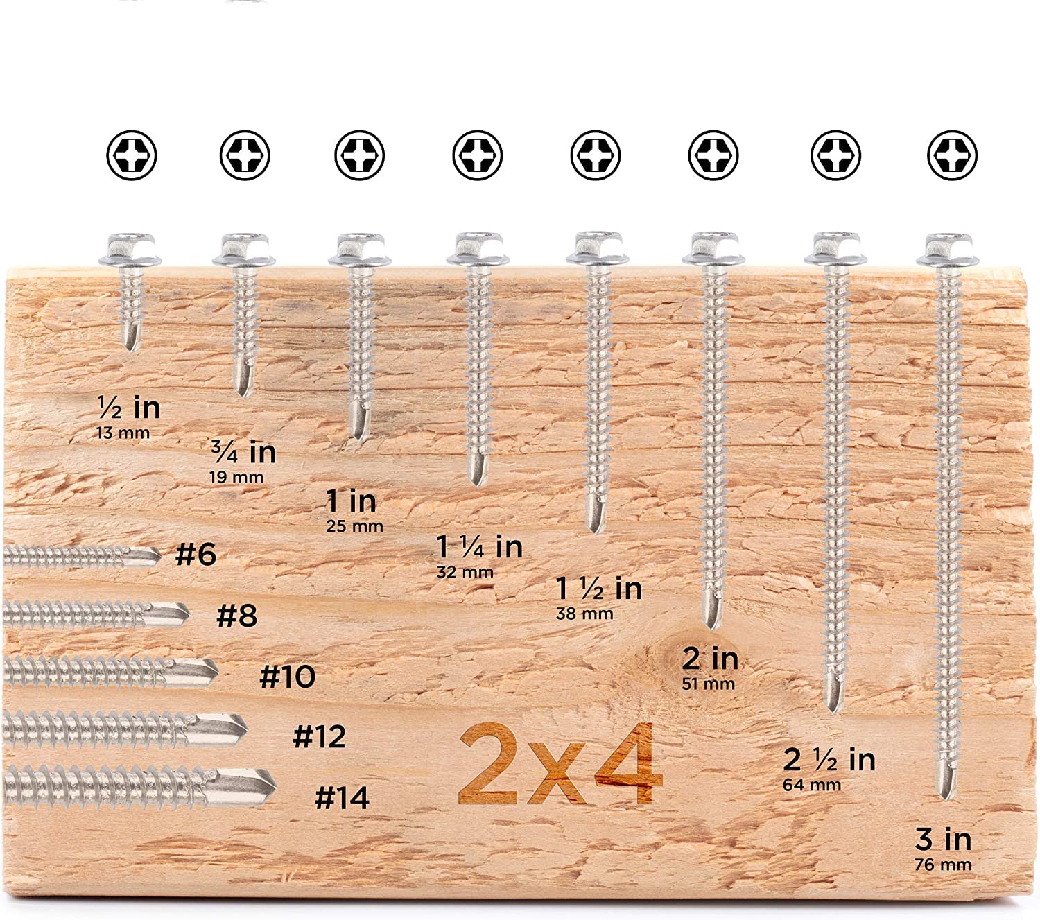 THE CIMPLE CO #8 Size, 1/2" Length (13mm) - Self Tapping/Drilling Screw - 410 Stainless Steel (Exceptional Wear and Very Corrosion Resistant) - Hex and Phillips Head - 100pcs