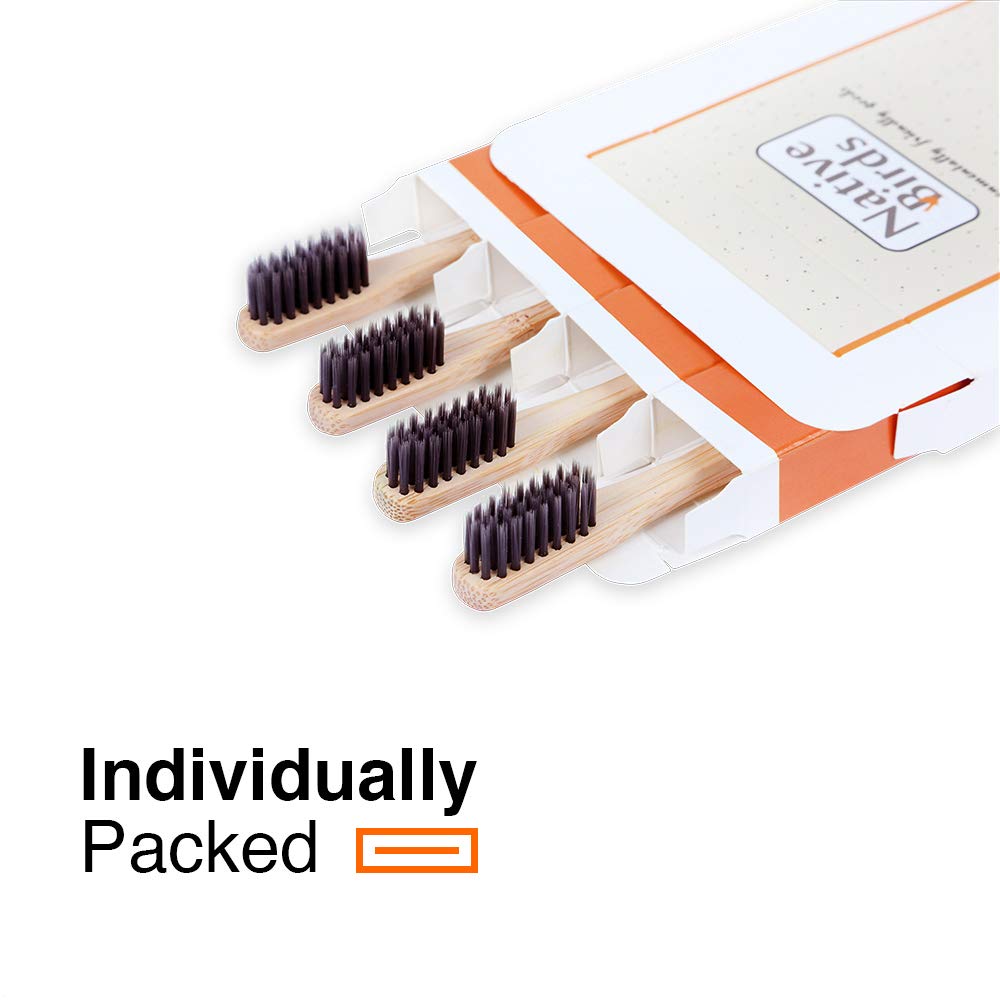 Native Birds Bamboo Toothbrush with Soft Charcoal Infused Bristles, Set of 4