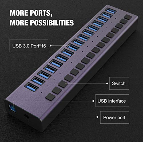 USB 3.0 Hub -16 Ports Powered USB Hub 90W USB Charging Hub with Individual On/Off Switches and 12V/7.5A Power Adapter and Lights for PC, Laptop, Computer, Mobile HDD, Flash Drive and More(Purple)