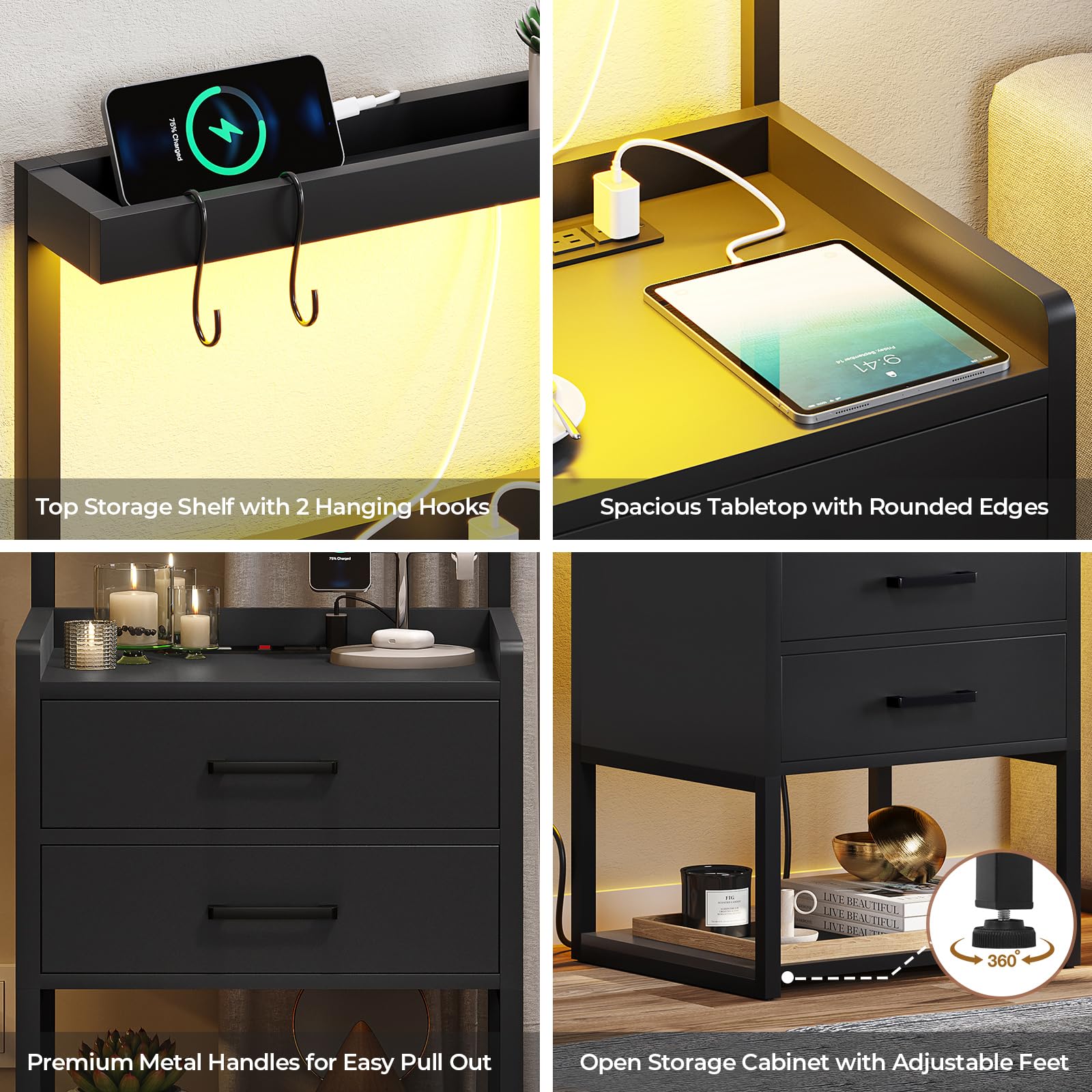 MSmask Black Night Stand with Charging Station, LED Night Stand with 2 Drawers and Open Storage Shelves, Modern Bedside Table with USB Ports&Outlets, End Side Table for Bedroom, Dorm