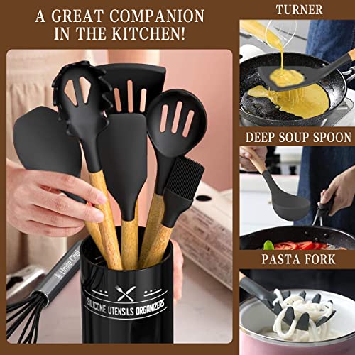 Umite Chef Kitchen Cooking Utensils Set, 33 pcs Non-Stick Silicone Cooking Kitchen Utensils Spatula Set with Holder, Black Wooden Handle Silicone Kitchen Gadgets Utensil Set