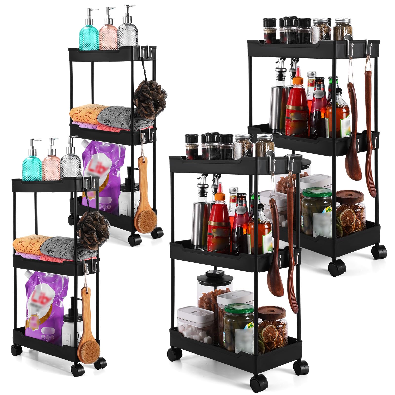4 Pcs 3 Tier Slim Rolling Storage Cart, Bathroom Laundry Room Organizer Utility Storage Cart with Wheels and Hooks, Multi Functional Storage Trolley for Kitchen Bedroom Office Laundry Room, 2 Sizes