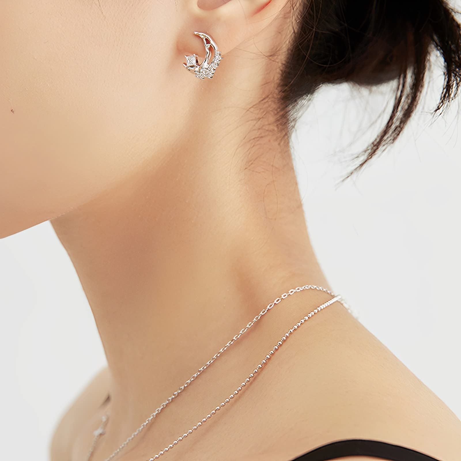 925 Sterling Silver Post White Gold Moon Butterfly Earrings Stud Asymmetric for Women and Girls Jewelry Gift