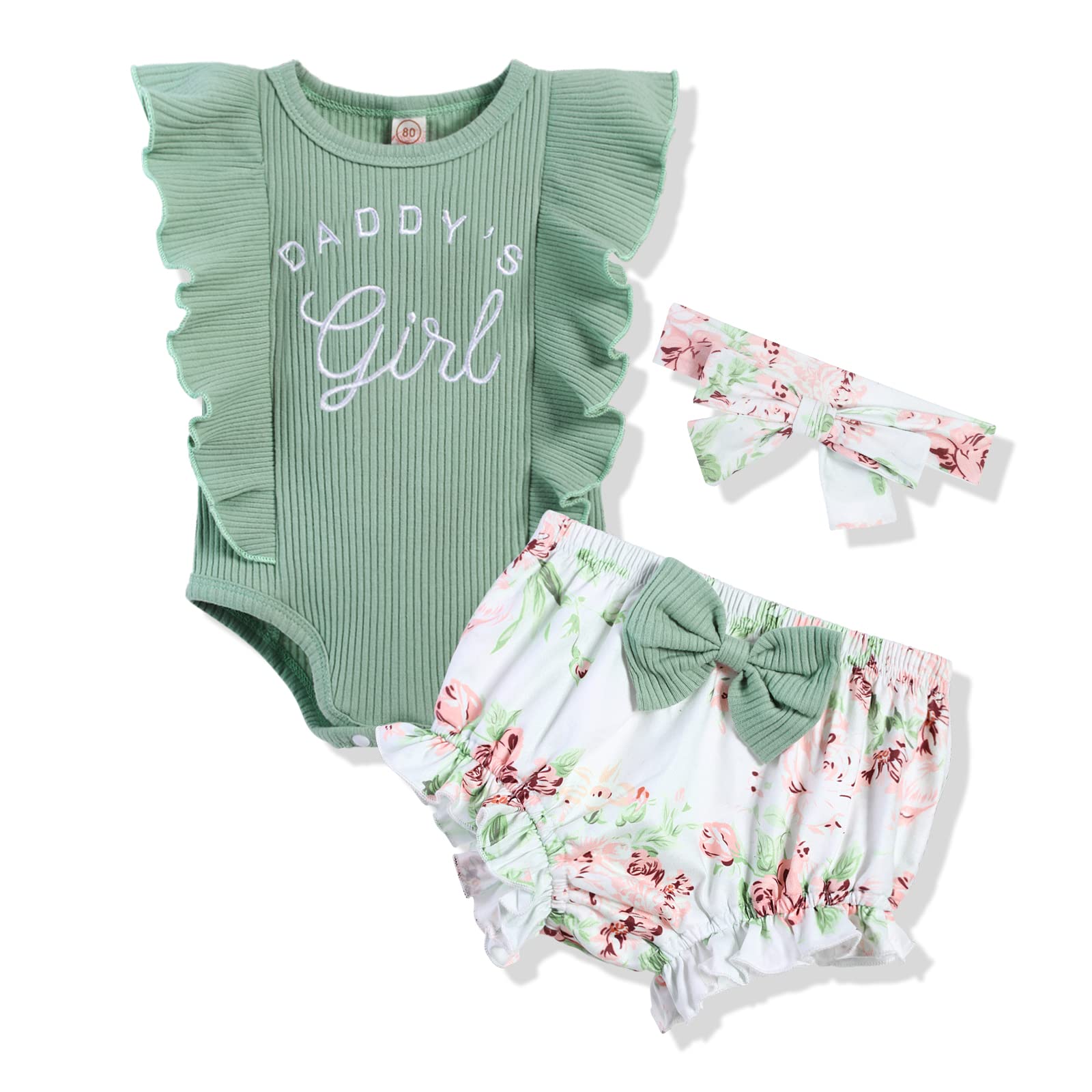 bilison Girl's Funny Letter Top Floral Pants With Headband Newborn Summer 3Pcs Sets Romper Outfit, Green-daddy's Girl, 0-3M