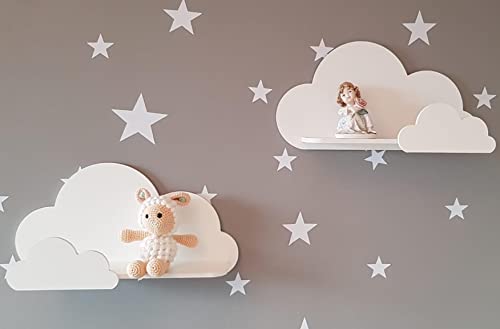 Happy Woody Set of 2 Cloud Wall Shelves for Nursery/Wooden Floating Shelf/Baby Room Decor/Nursery Room Decoration/Kids Room Wall Decor/Gift Set (White)