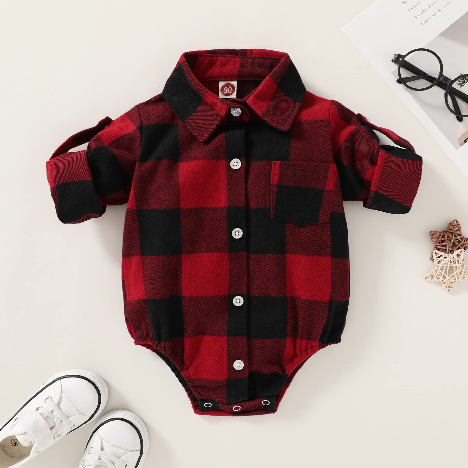 HAPPYMA Newborn Baby Boy Girls Plaid Outfit Flannel Romper Tops Infant Long Sleeve Button Down Plaid Casual Bodysuit Clothes