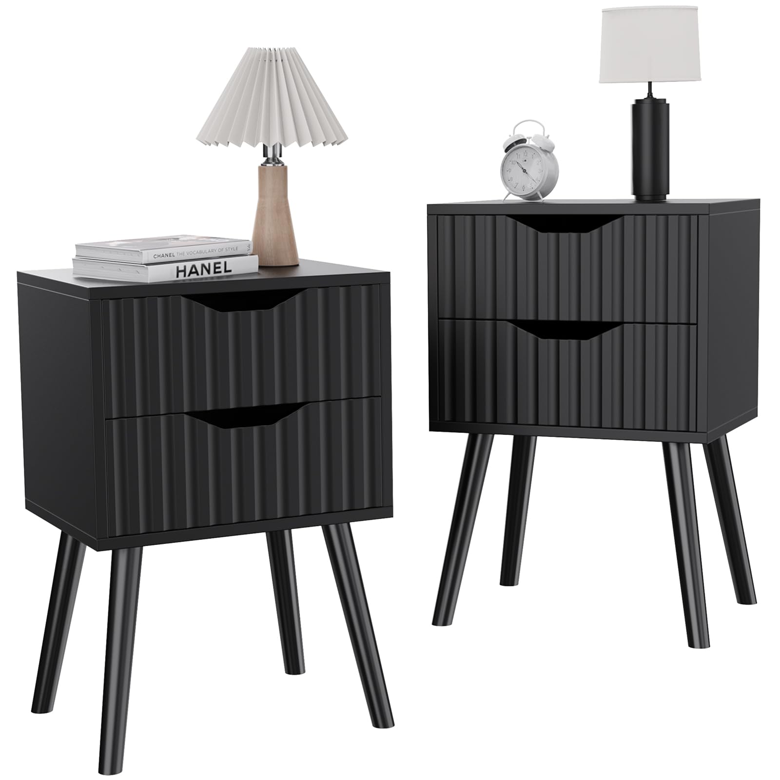 Bavelye Black Nightstand Set of 2, Thickened Wooden Night Stand with 2 Drawers, Mid-Century Modern Bedside Table with Storage, Small End Table for Bedroom