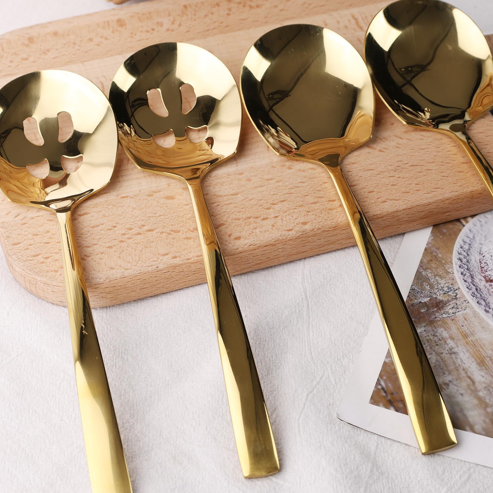 HANSGO Serving Spoons Set, 3 Serving Spoons and 3 Slotted Spoons, 9 Inch Stainless Steel Serving Utensils Set for Buffet Banquet Kitchen, Gold