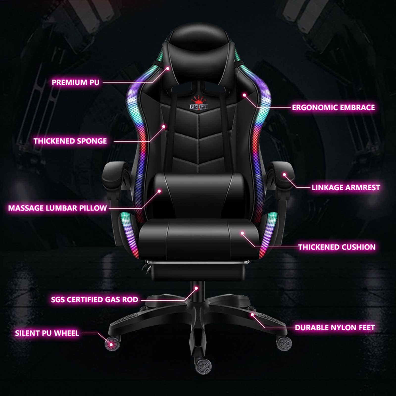 White Gaming Chair with LED Light, Ergonomic Pro Gaming Chair with Full Massage Lumbar Support, Bluetooth Speakers Computer Chair for Retractible Footrest and Backrest Adjustable,White