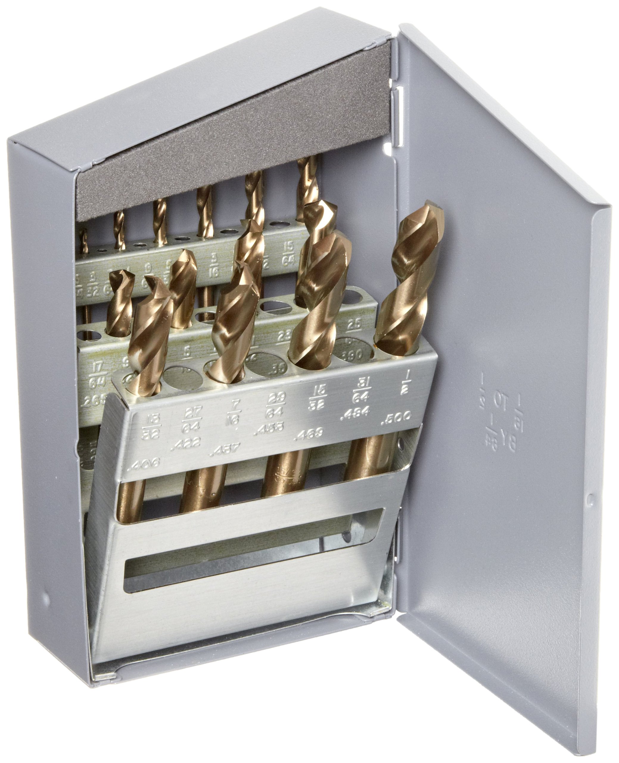 Chicago Latrobe 559 Series Cobalt Steel Short Length Drill Bit Set In Metal Case, Gold Oxide Finish, 135 Degree Split Point, Inch, 29-piece, 1/16"- 1/2" in 1/64" increments