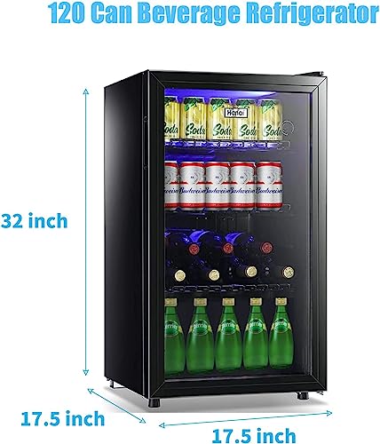 Beverage Refrigerator and Cooler - 120 Can Mini Fridge with Glass Door for Soda Beer or Wine - Small Drink Dispenser Machine for Office or Bar with Adjustable Removable Shelves