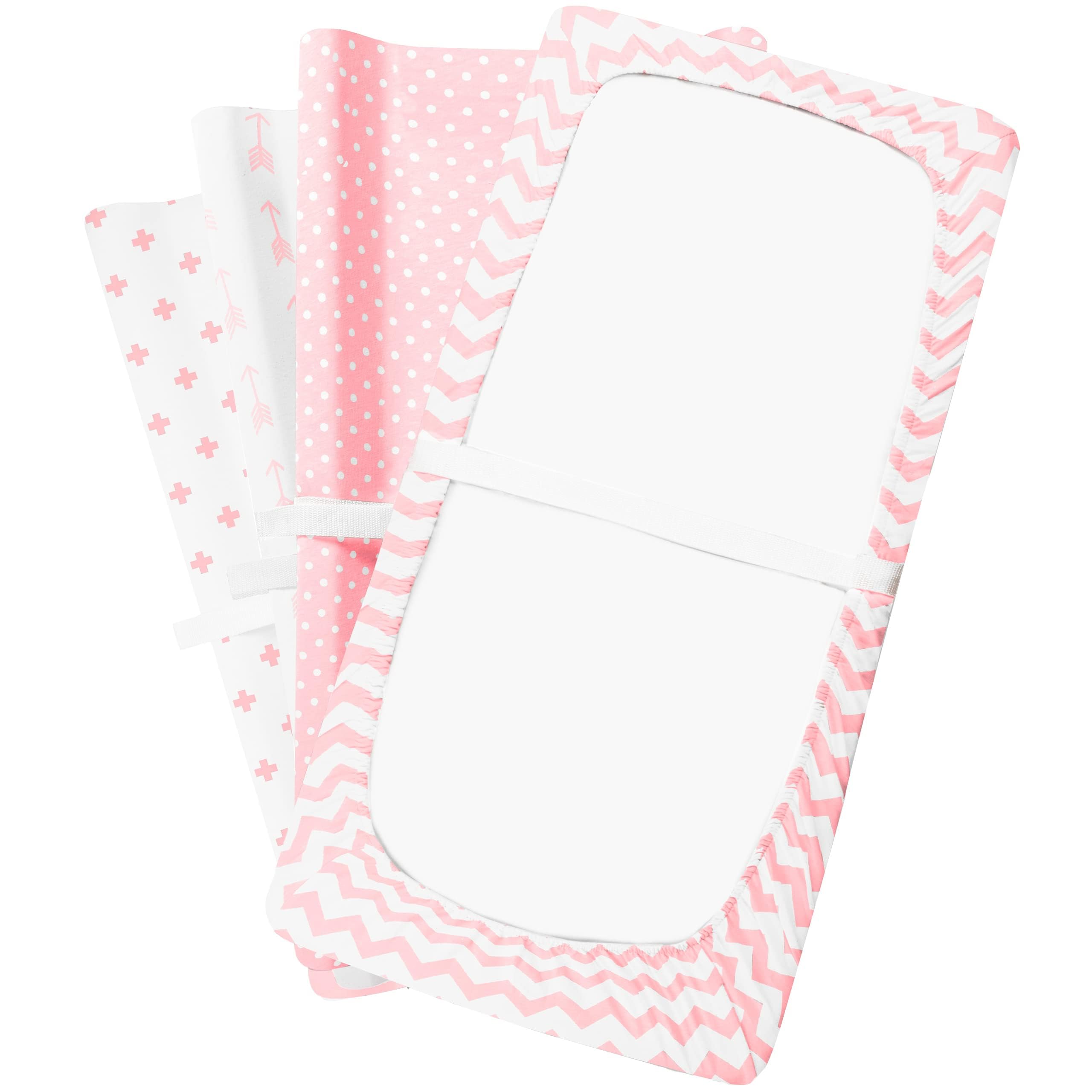 Changing Pad Cover – Baby Changing Pad Covers 4 Pack – Girls Changing Pad Cover Set – Pure Cotton Machine Washable Pink and White Changing Table Cover – Diaper Changing Pad Cover Sheets