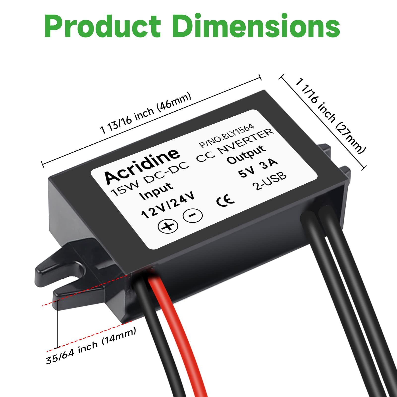 Acridine DC 12V 24V to 5V 3A Dual USB Female DC Converter Buck Charging Module Step-Down Power Adapter