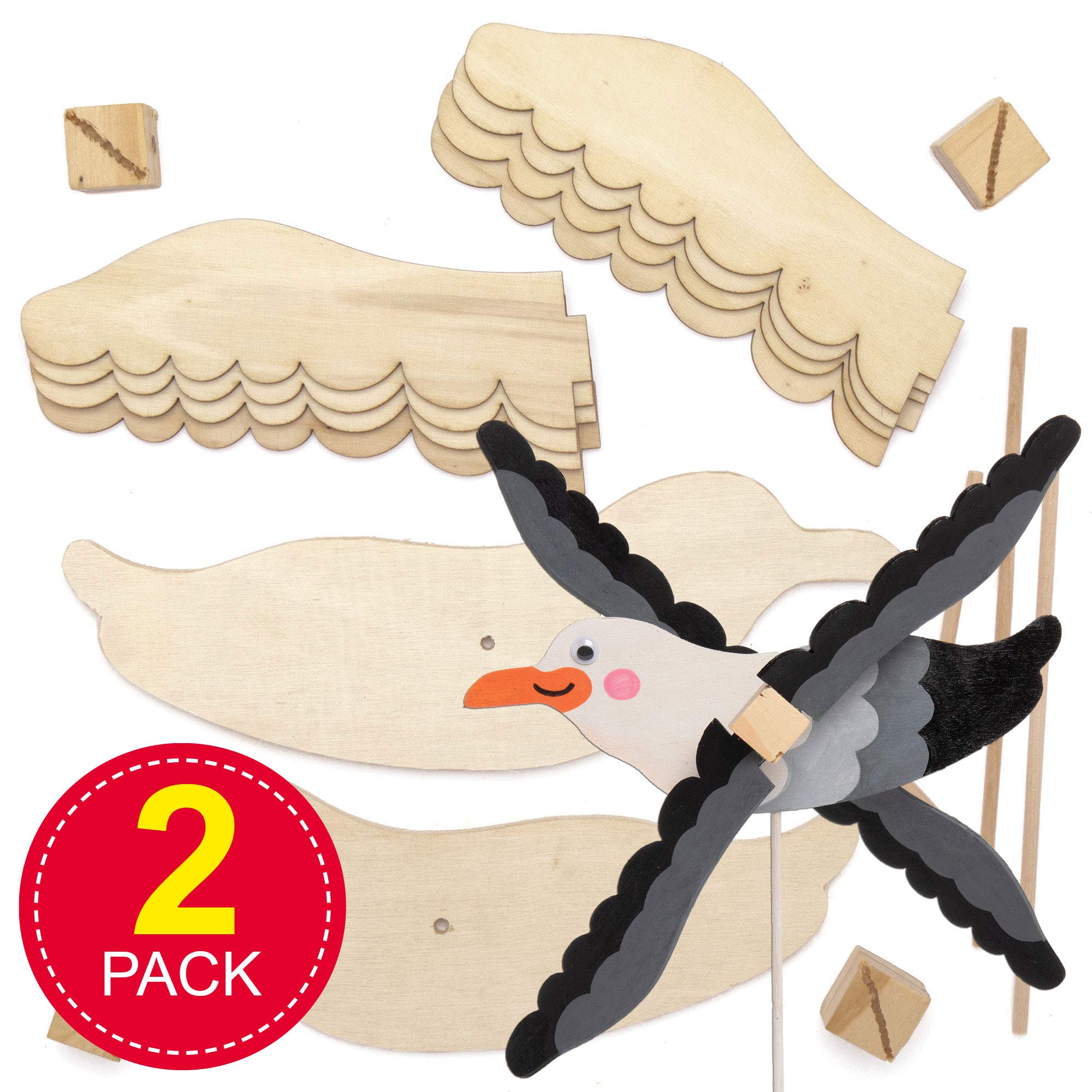 Baker Ross AT839 Seagull Wooden Windmill Kits - Pack of 2, for Kids Arts and Crafts Projects
