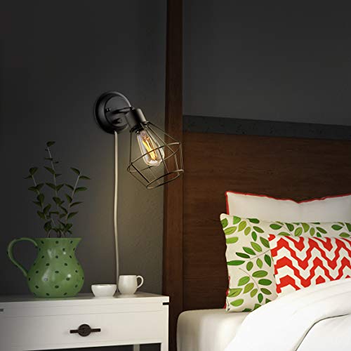 Globe Electric 65291 1-Light Plug-in or Hardwire Industrial Cage Wall Sconce, Matte Black Finish, On/Off Rotary Switch, 6ft Clear Cord, Wall Lights for Bedroom Plug in, Kitchen Sconces Wall Lighting