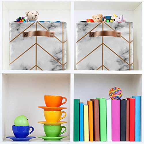 AUUXVA Geometric Line Marble Print Storage Bin Canvas Toys Storage Basket Bin Large Storage Cube Box Collapsible with Handles for Home Office Bedroom Closet Shelves,2 pcs
