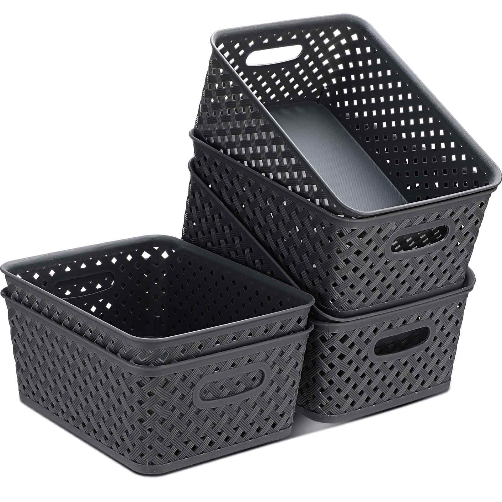 FoldTier 6 Pack Plastic Storage Baskets Stackable Organizing Container Knit Storage Organizer Bins for Shelves Drawers Cabinet Desktop Closet Playroom Classroom Office (Beige,Medium)