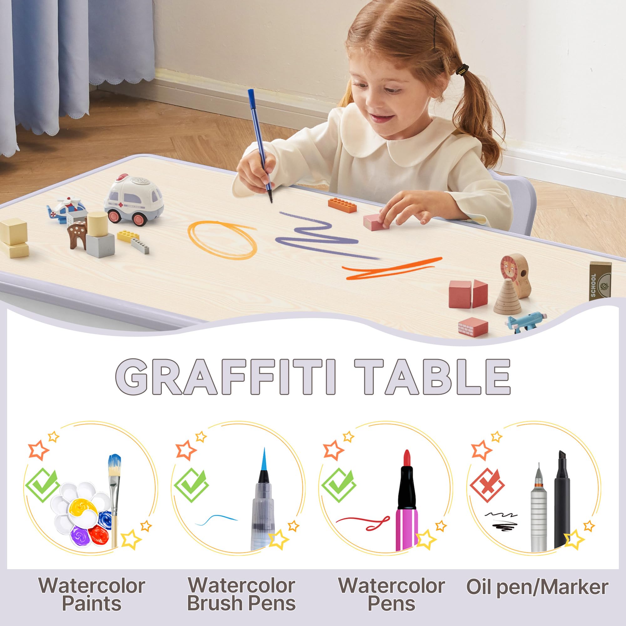 GITAWUSA Kids Study Table and Chairs Set, Height Adjustable Toddler Table and Chair Set for Kids Ages 3-8, 31.5" L x 23.6" W Graffiti Desktop Plastic Children Art Table with 2 Seats, Grey