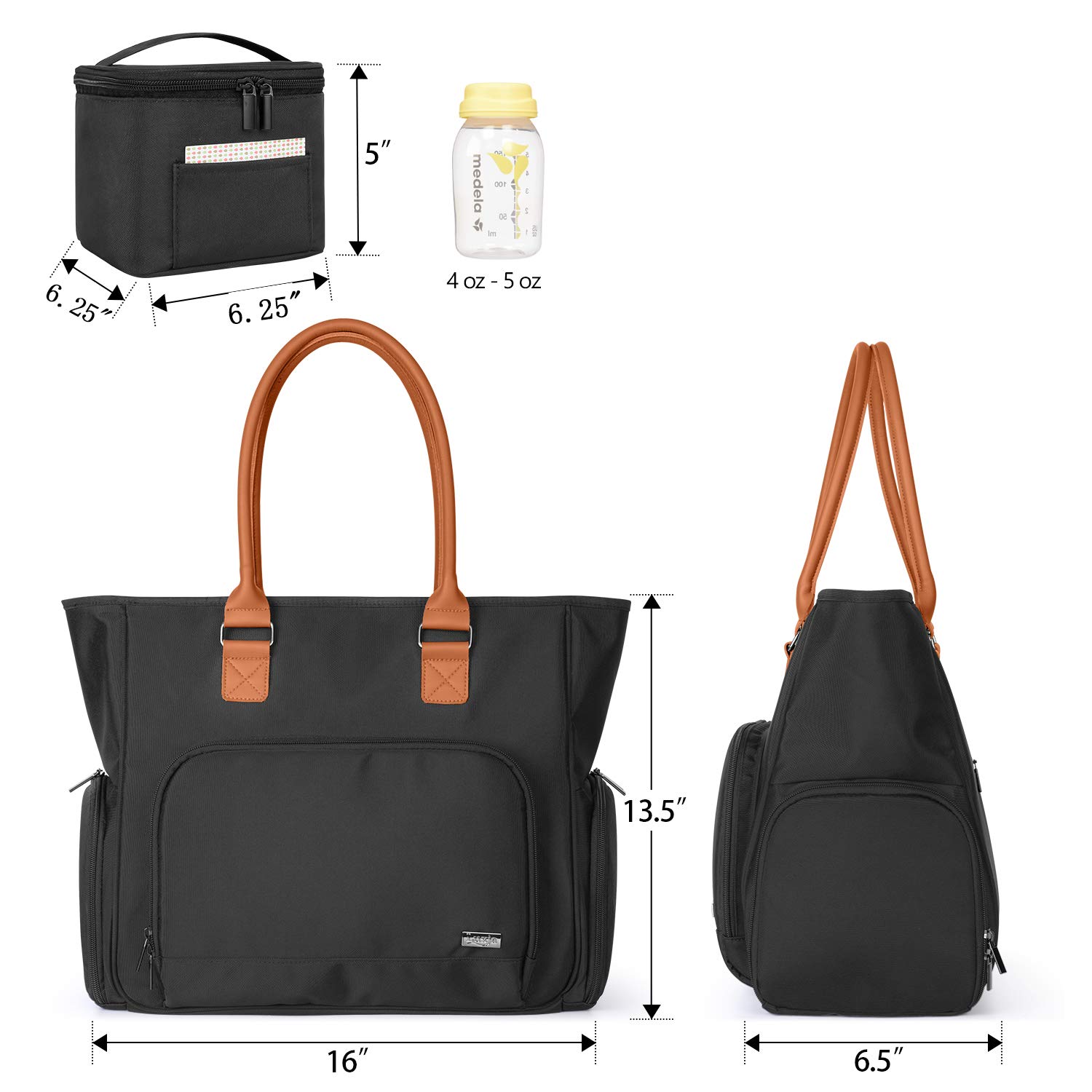 LUXJA Breast Pump Bag with Breastmilk Cooler Bag (Hold Four 5 Ounce Breastmilk Bottles), Leather Handle Breast Pump Tote for Working Mothers (With a Laptop Pocket), Black