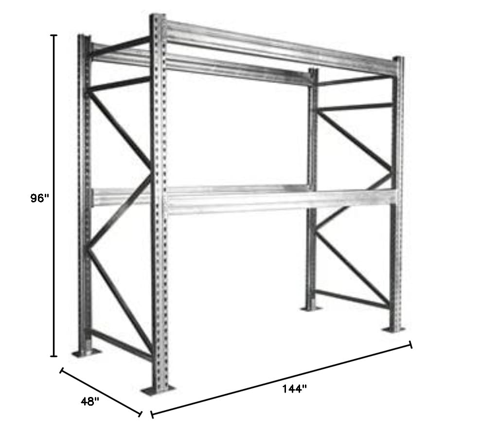 Shelving Inc. 48"d x 144"w x 96"h - 2-Tier Galvanized Teardrop Pallet Rack Starter Unit, No Decking, 6-1/2"h Beams, Weight Capacity 7160lbs Per Level