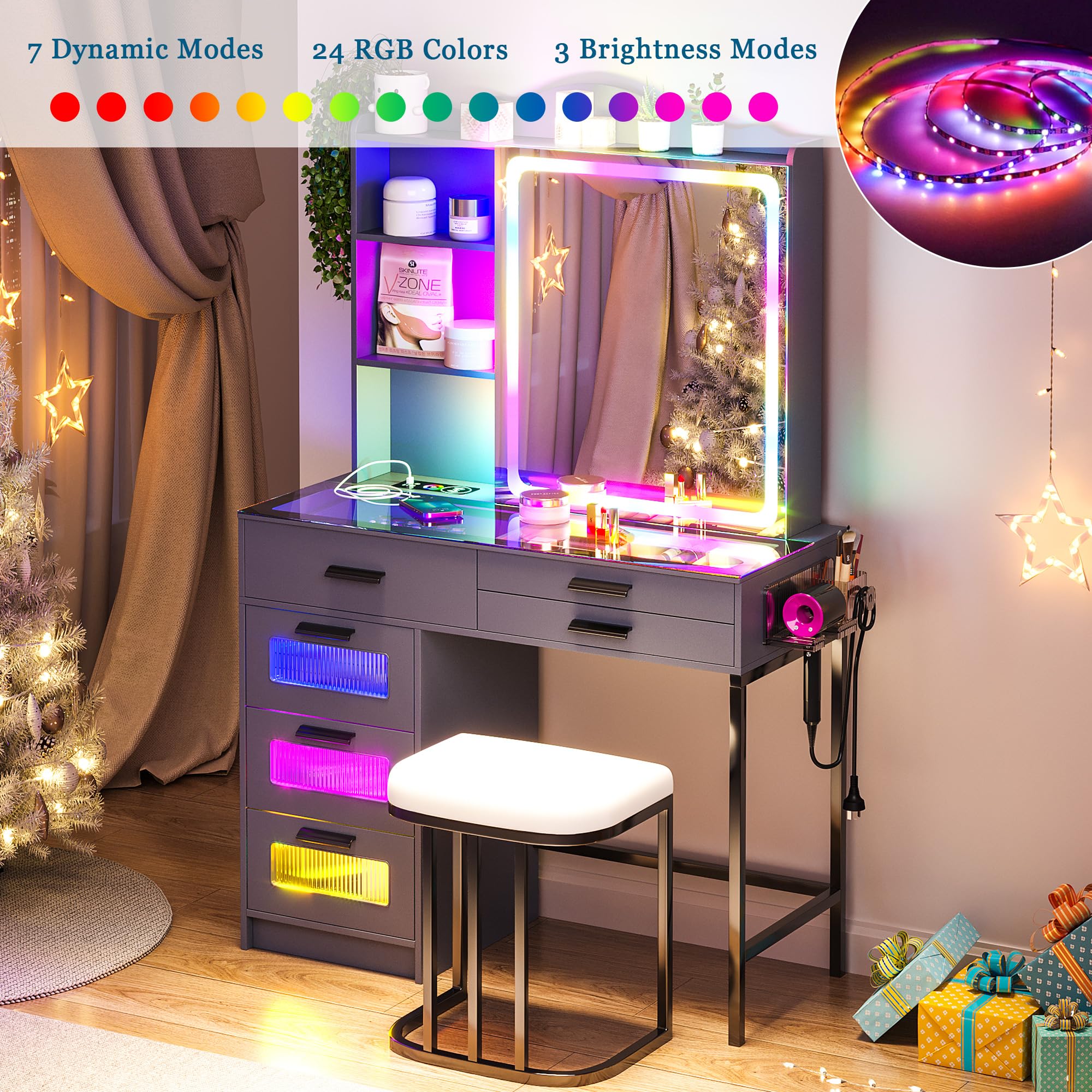 WOOVIVS RGB Vanity Desk with Sliding Mirror and Lights, LED Makeup Vanity with Charging Station/Motion Sensor Light, Glass Top Vanities Dressing Table Set with Jewelry Box,6 Drawers,Stool (White)