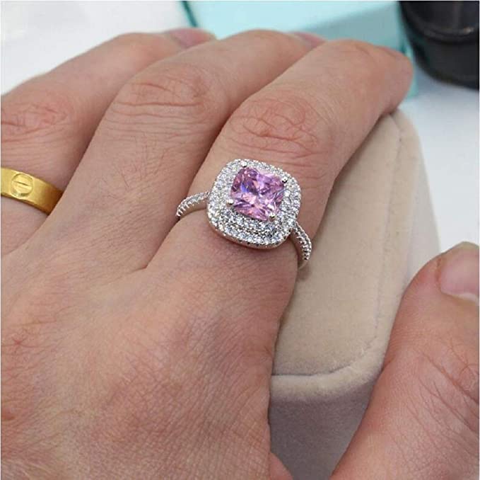 925 Sterling Silver Squer Rings for Women & Girls,Engagement Wedding Band Jewelry | Pink Cushion Cut Diamond Ring (10)