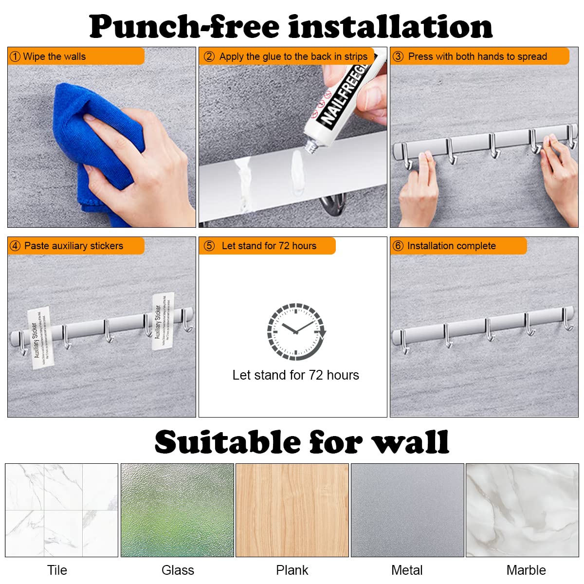 LEMONIDEA Stainless Steel Hooks Rack Wall Mounted Key Holder Coat Hook Towels Clothes Hangers Rail for Kitchen, Bathroom, Laundry Room - Set of 2