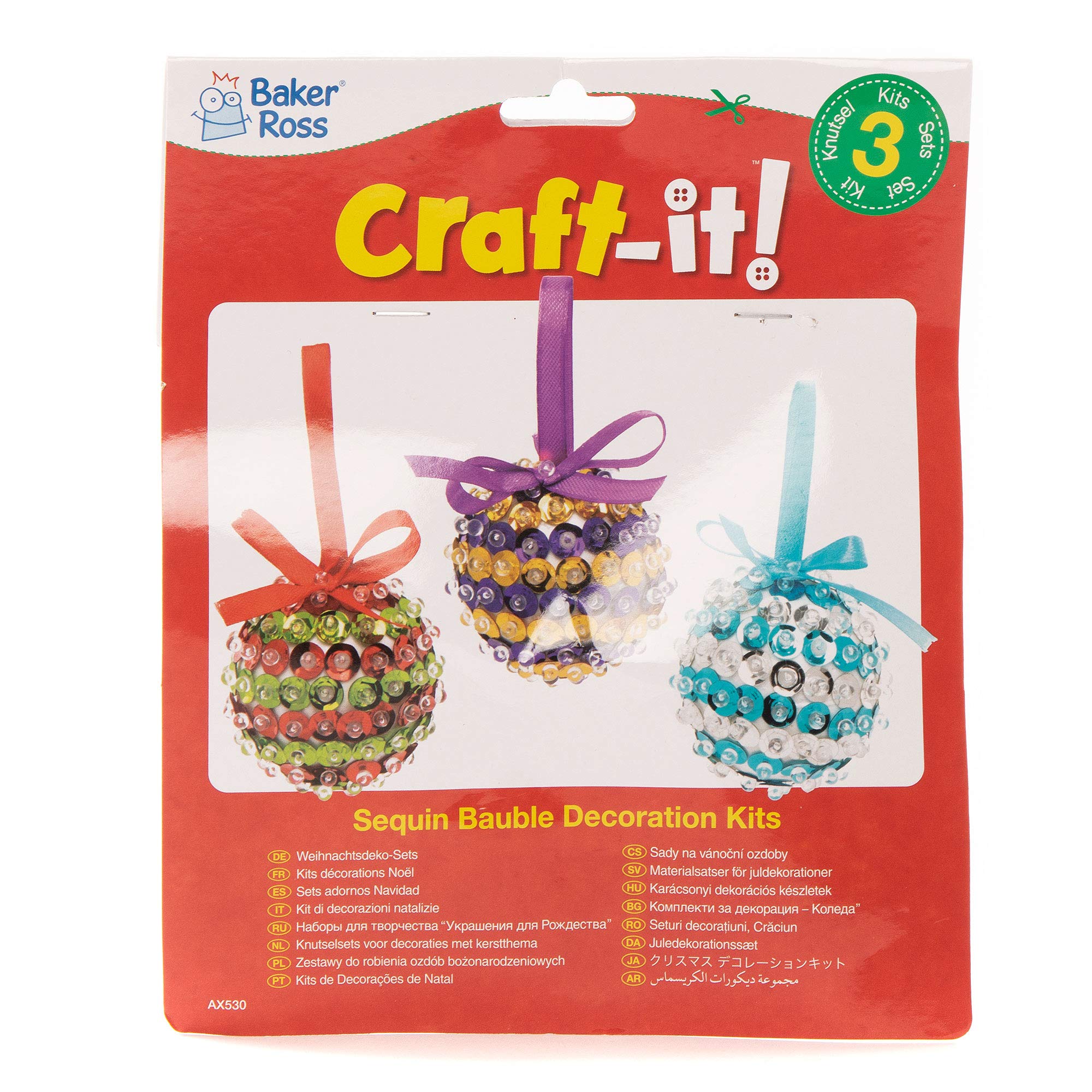 Baker Ross AX530 Sequin Tree Ornament Kits for Kids - Pack of 3, Christmas Tree Ornaments for Creative Art and Craft Supplies, to Make and Decorate.