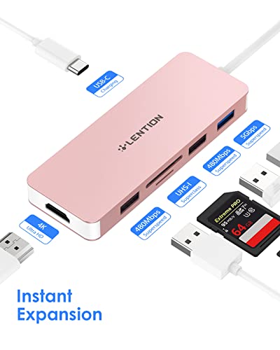 LENTION USB C Hub with 4K HDMI, SD/Micro SD Card Reader, USB 3.0, USB 2.0 and Charging Compatible 2023-2016 MacBook Pro, New Mac Air/Surface, More, Stable Driver Certified Adapter (CB-C17, Rose Gold)