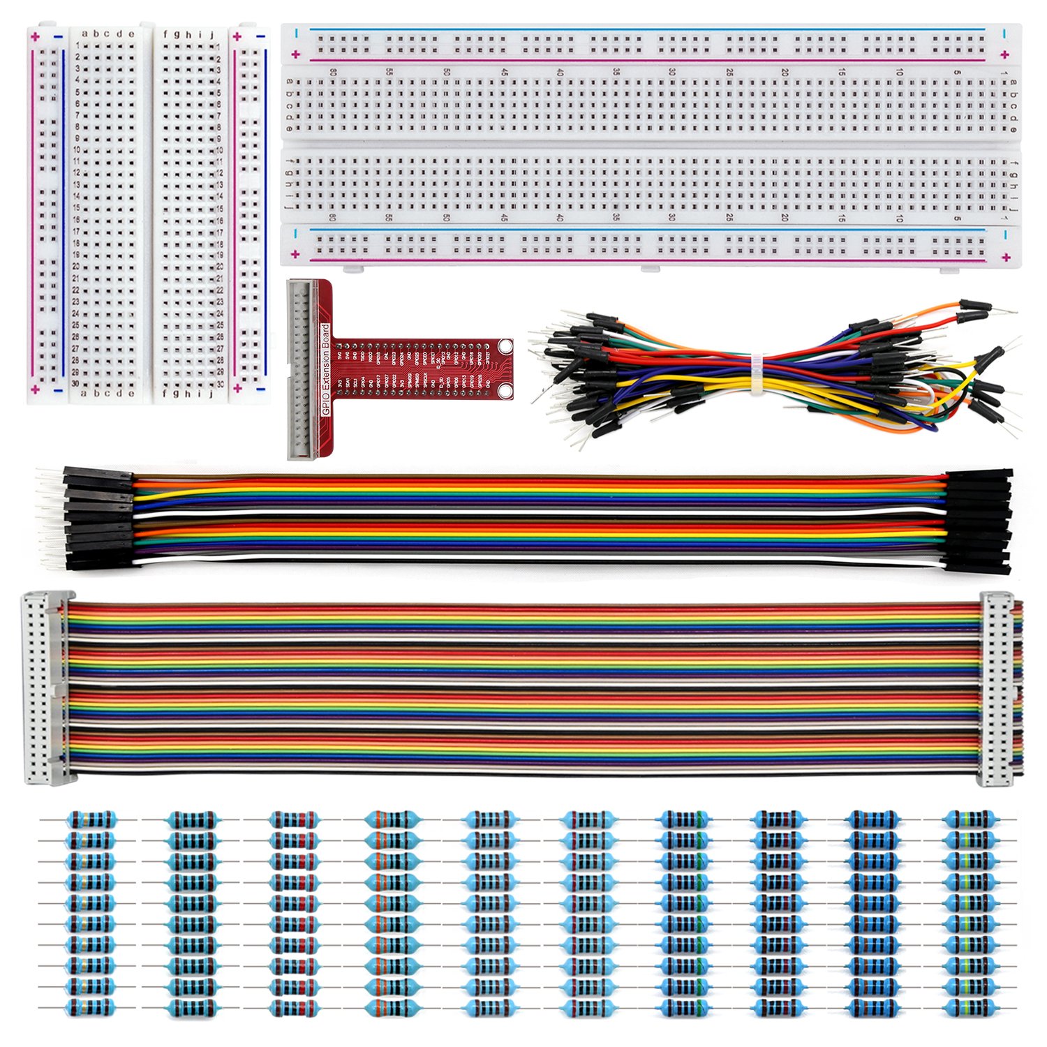 REXQualis Accessories kit Compatible with Raspberry Pi 4 3B+ 3B 2B B+ A+ Zero w/Solderless Breadboard + GPIO T Type Expansion Board + Jumper Wires + Rainbow Ribbon Cable + Resistors