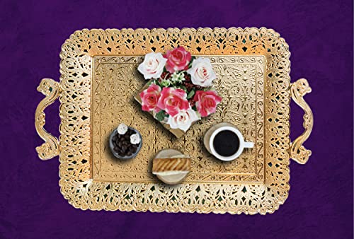 chancegift Turkish Tea Coffee Beverage Dinning Serving Tray with Handled Ottoman Motif Decorative Middle Table Drink Bathroom Rectangular Suitable for Gift (16.5x10.7x1 INC) 42x28x2cm Gold, (A2022)