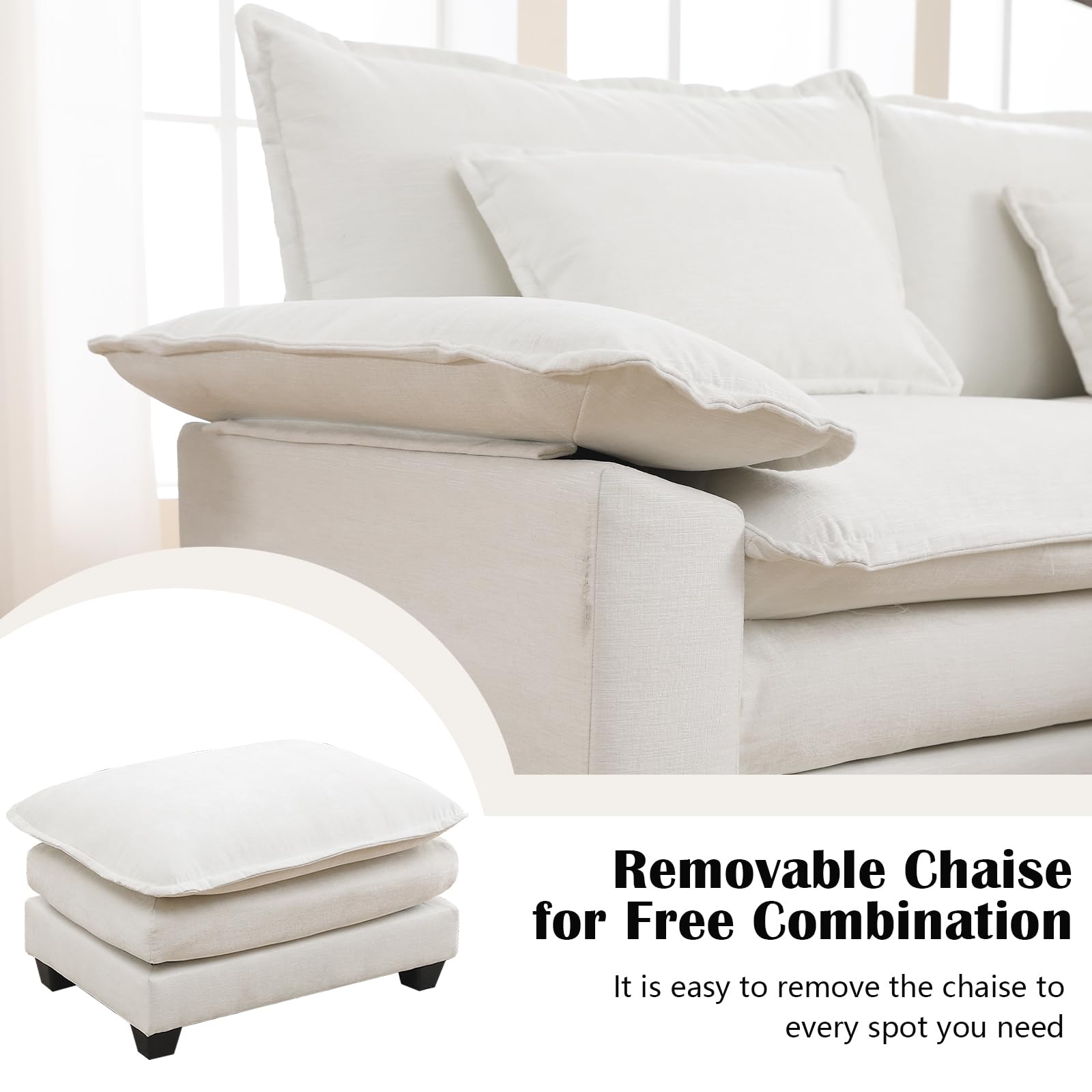 AHMED 88.97" Sectional Sofa Cloud Couch for Living Room with Pillows, Modern Chenille Comfy Sleeper Sofa,L Shaped Couch with Moveable Ottoman (White)