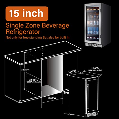 Ca'Lefort 15'' Beverage Refrigerator - 100 Cans Soda Beer Capacity Single Zone with Modern Touch Intelligent Digital 34°-54°F, Low Noise, Built in or Freestanding Wine Cooler for Home and Kitchen