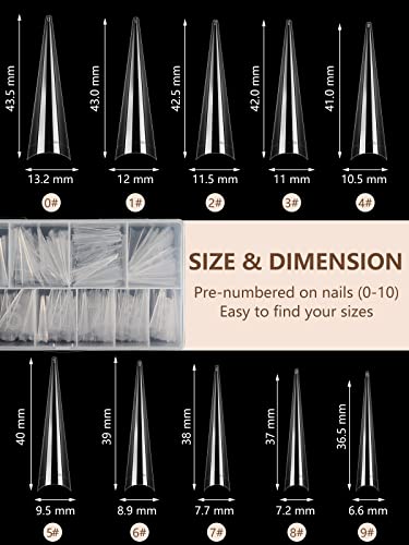 500Pcs Stiletto Nail Tips for Acrylic Nails, XL Long Clear False Nails Tips Soft Traceless, Half Cover Tapered Square False Nail Tips for Nail Extension Nail Art, Home DIY Nail Salon 10 Sizes