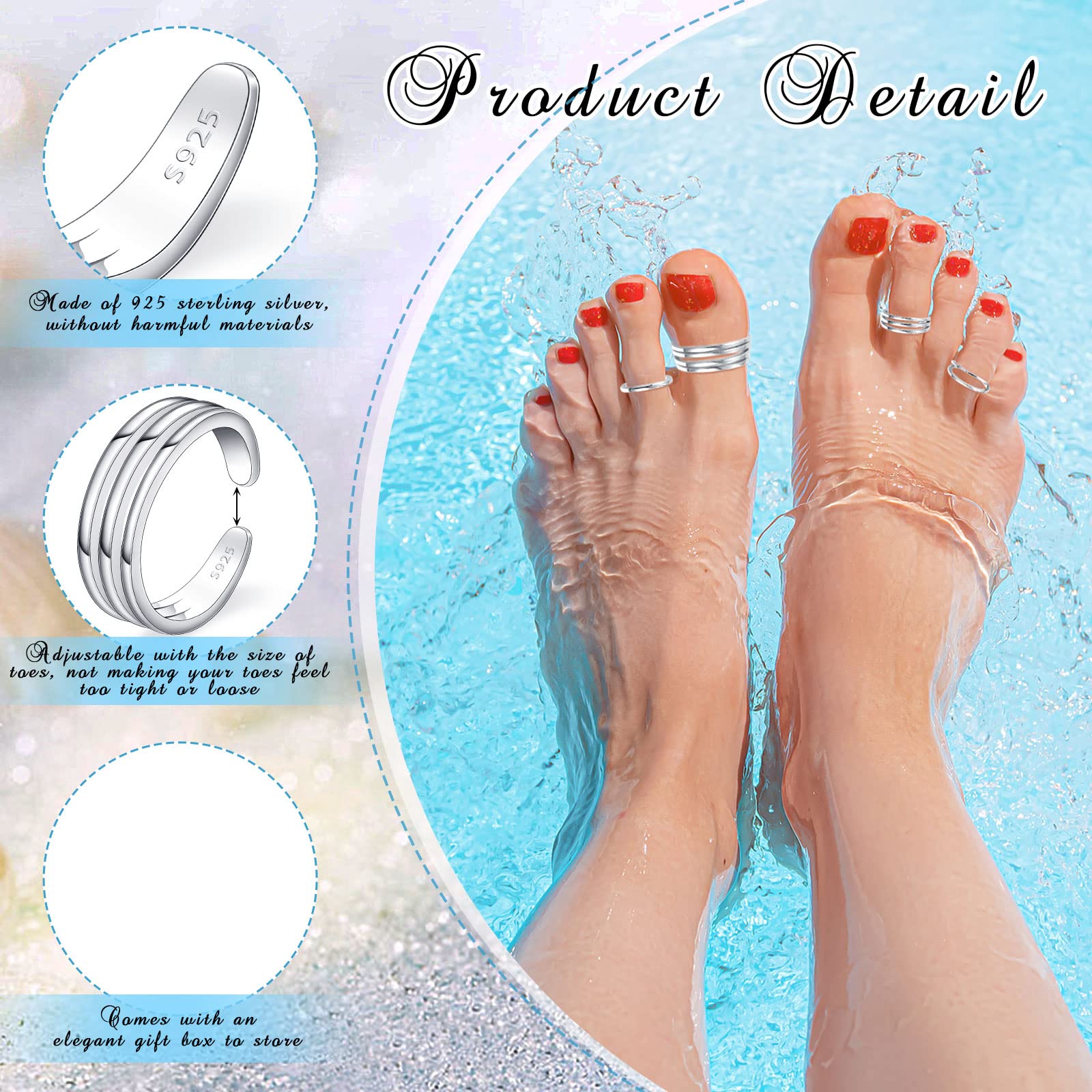 4 Pcs 925 Sterling Silver Toe Rings Set Simple Open Adjustable 925 Sterling Silver Toe Rings with 1 Jewelry Gift Box for Women Girls Gift
