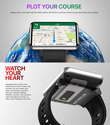 Rainbuvvy Smart Watch Men 3GB +32GB 2700mAh 2.86" Large Screen with Face ID Camera GPS WiFi 4G Android Smartwatch Phone (Silver)
