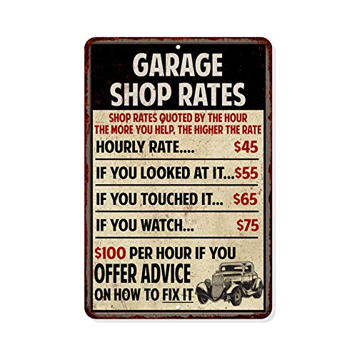 Shop Rates Sign Garage Rustic Wall Décor Mechanic Signs Pops Decorations Mechanics Automotive Man Cave Bar Tin Vintage Mancave Car Funny Retro Plaque Dads Gift 8 x 12 High Gloss Metal 208120068019