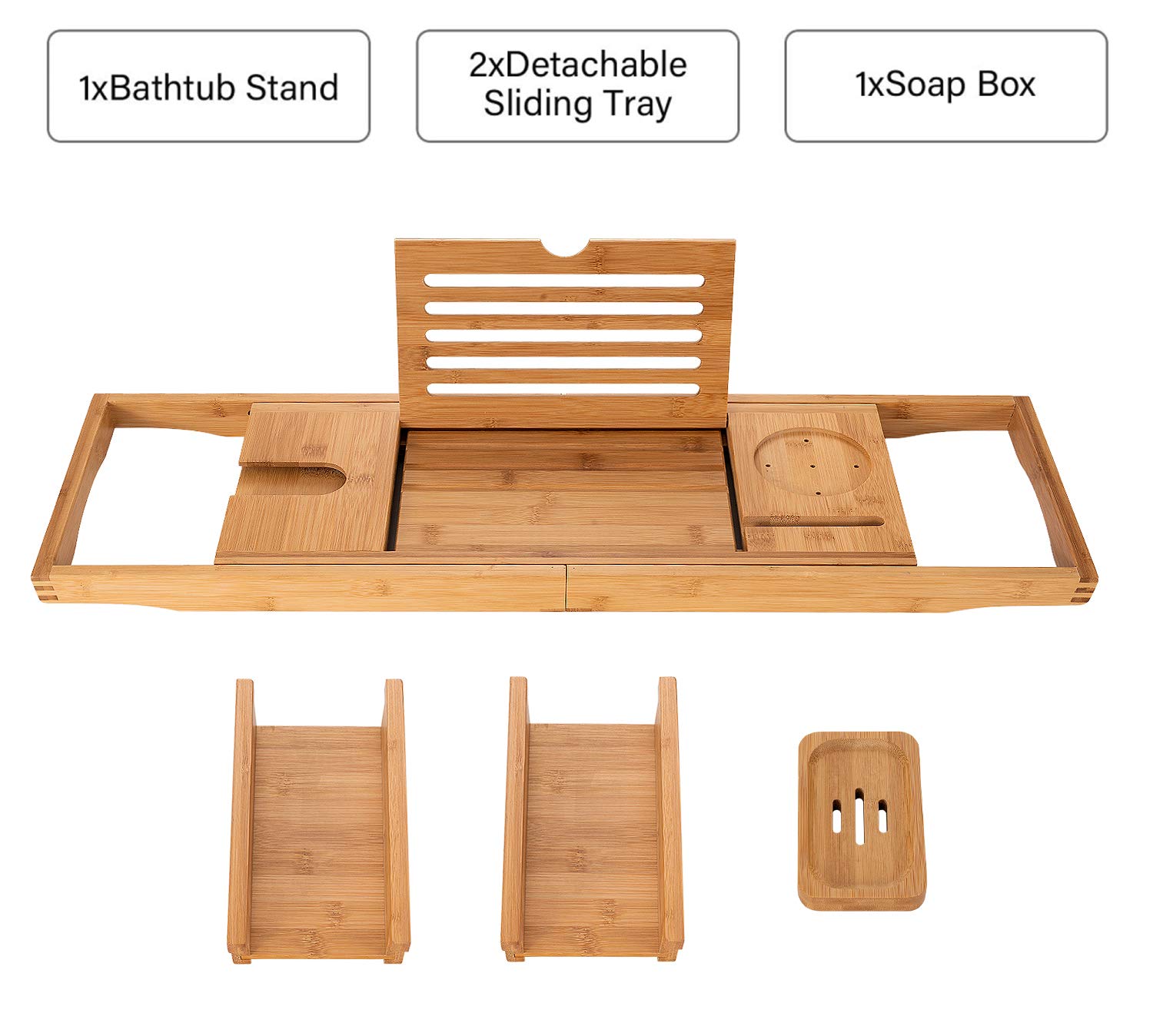 HBlife Bamboo Bathtub Caddy Tray with Extending Sides & Laptop Desk with Foldable Legs,Cellphone Tray and Wineglass Holder,Free Soap Holder (Natural)