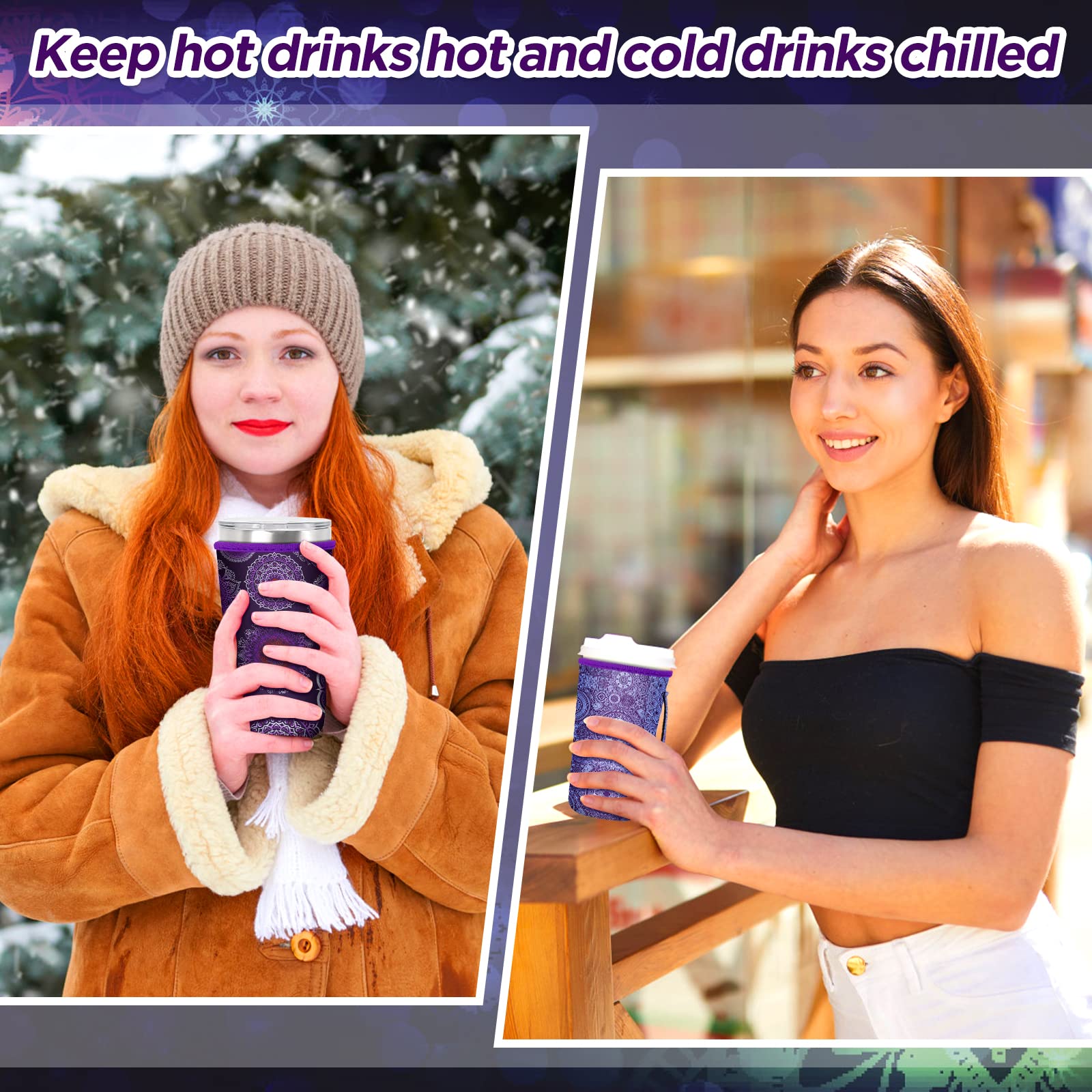 6 PCS Reusable Iced Coffee Cup Sleeves Mandala Flower Style Cup Cover Coffee Cup Neoprene Insulator Sleeves Suitable for Hot Cold Coffee or Ice Drink for 16-32oz Coffee Beverage Milk Cold Hot Drinks