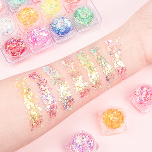 Glow in The Dark Body Face Glitter Gel, 12 Colors Luminous , Self-Adhesive UV Black Light Iridescent Chunky Glitter for Hair/Eyeshadow, Carnival Party Halloween Makeup