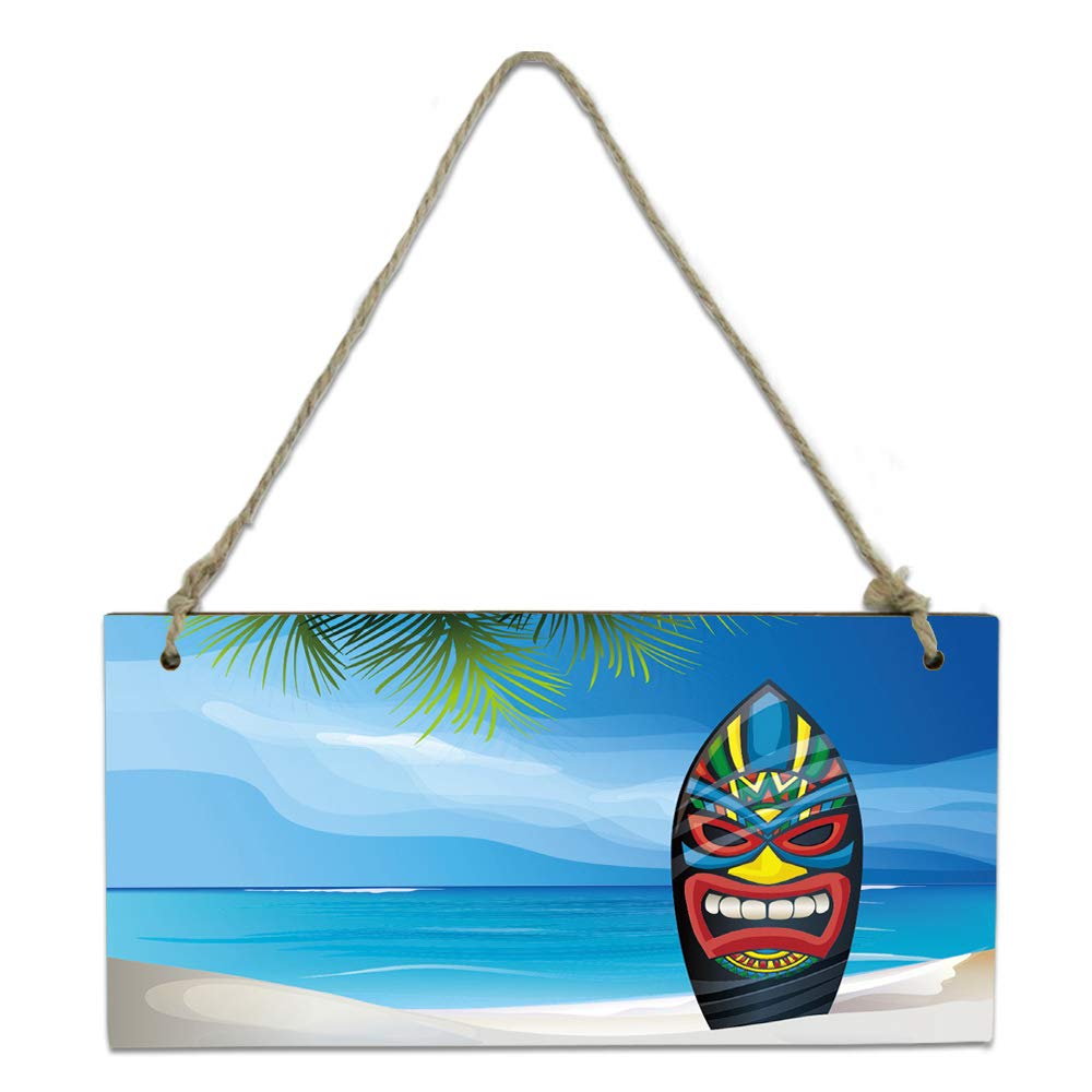 CHARMHOME Wood Hanging Sign Tiki Warrior Mask Design Surfboard on Ocean Beach Gardens Designs Farmhouse Style Wall Decor Wood Sign for Front Door Decorations 8"x4"