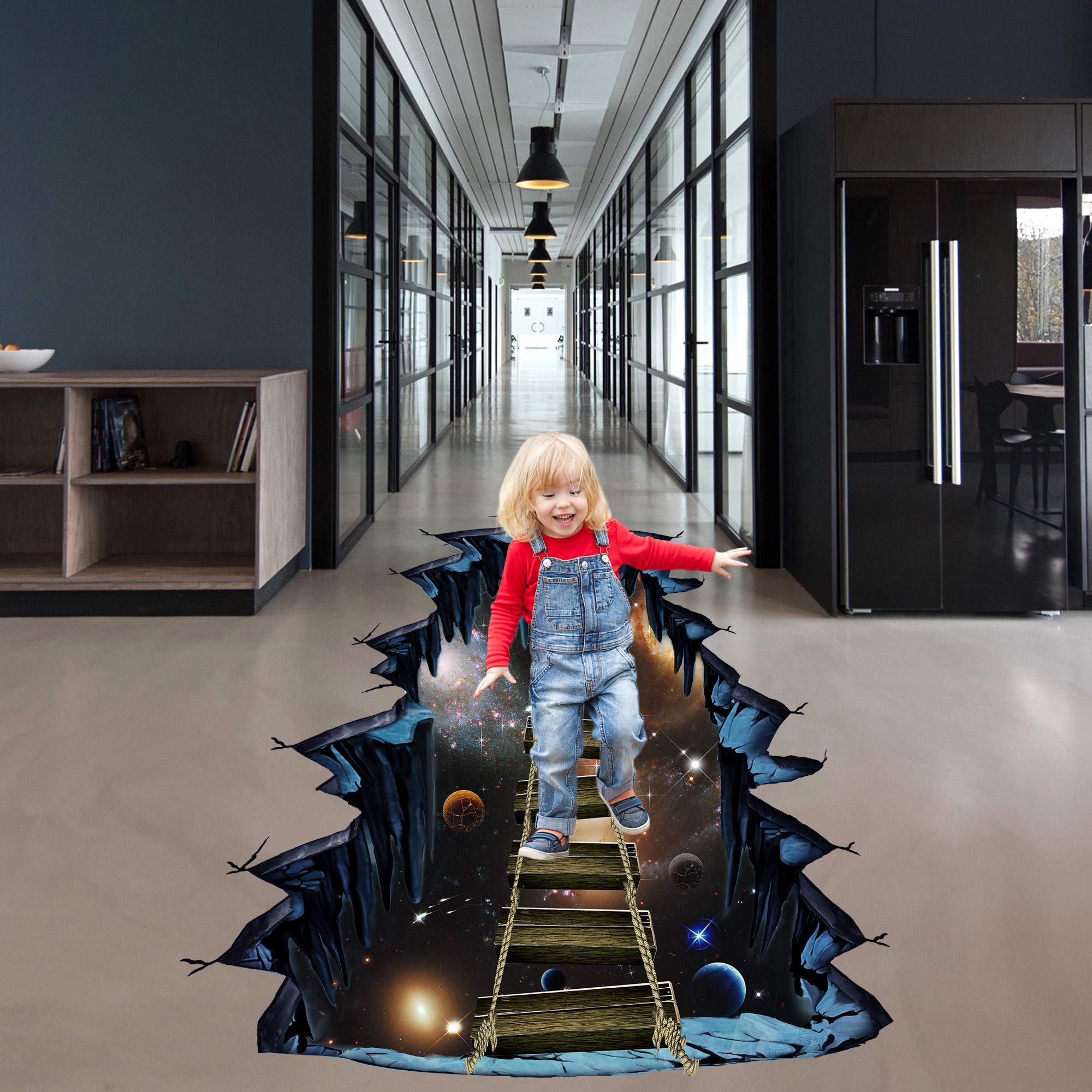 RW-82004 3D Floor Stickers Galaxy Interstellar Space Suspension Bridge Floor Stickers Removable Illusion Waterproof Floor Wall Decor for Kids Bedroom Living Room Nursery Home Decoration
