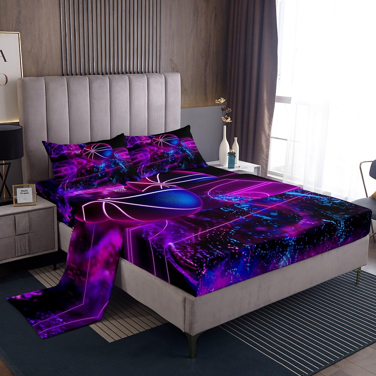 Castle Fairy Cool Basketball Flat Sheet Full Size,Neon Gradient Tie-dye Red Glowing Light Decor Modern Style Bed Sheet Set for Boys Girls Teens,Ball Game Sports Hobby Activity Bed Sheet Set 4 Piece