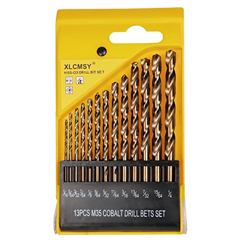 XLCMSY Cobalt Drill Bit Set, M35 HSS Straight Shank Twist Drill Heat Resistant Metal Drill Bits for Hard Metal, Stainless Steel, Hardened Steel, Cast Iron and Wood, 1/16"-1/4" (13 Pcs)